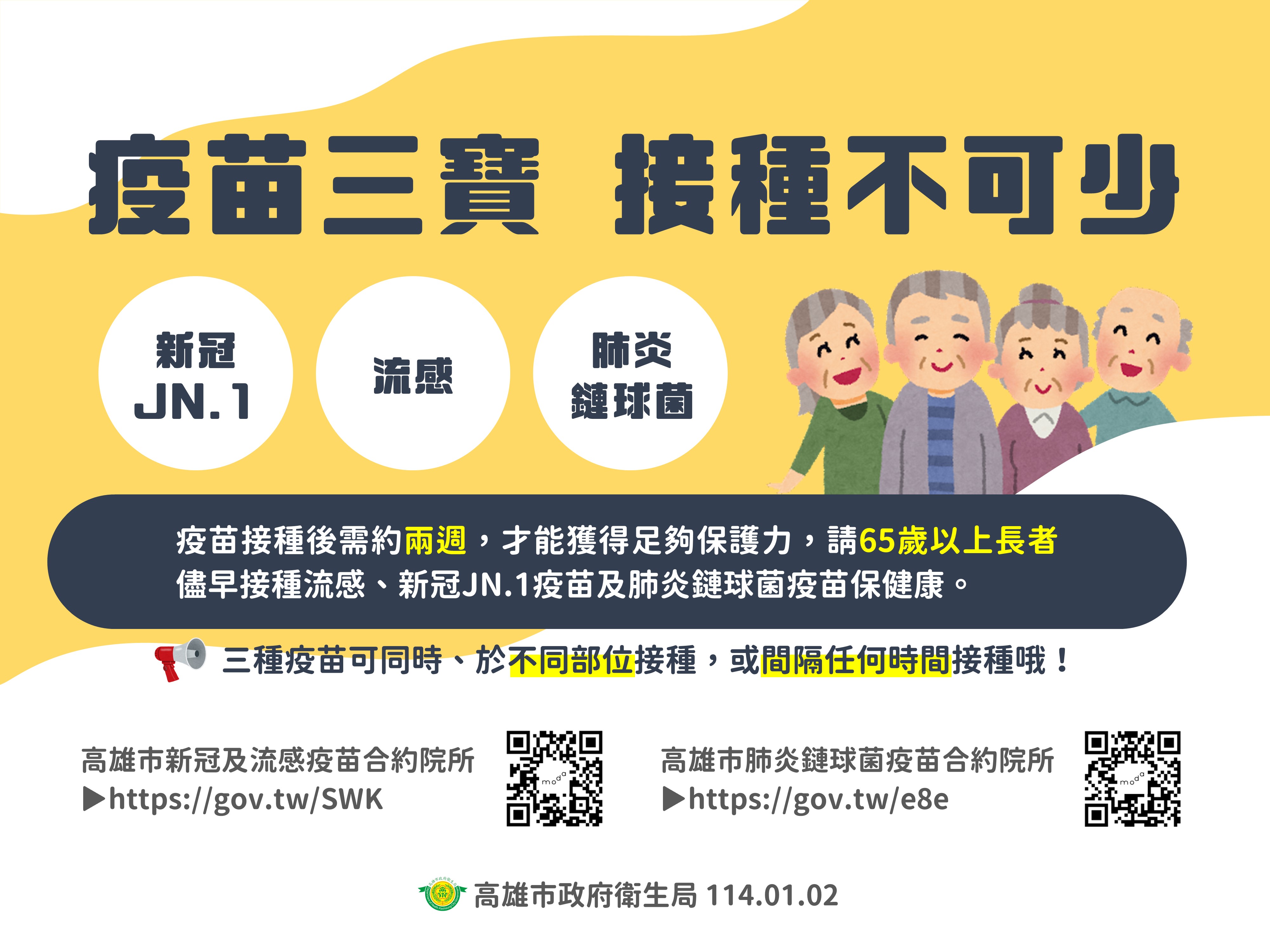 114年1月1日起，公費流感疫苗開放全民接種至疫苗用罄，歡迎扶老攜幼一起接種疫苗顧健康